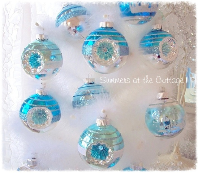 AQUA BLUE GLASS CHRISTMAS TREE ORNAMENT WHITE FROSTED DESIGN