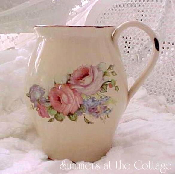 TUSCAN FARMHOUSE POTTERY PINK VINTAGE ROSES PITCHER VASE