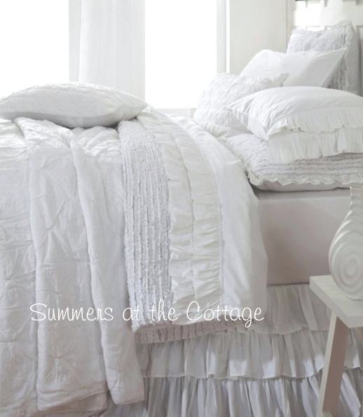 SHABBY ROMANTIC CHIC WHITE COTTON RUFFLED SHEETS DOUBLE RUFFLES SHEET SET